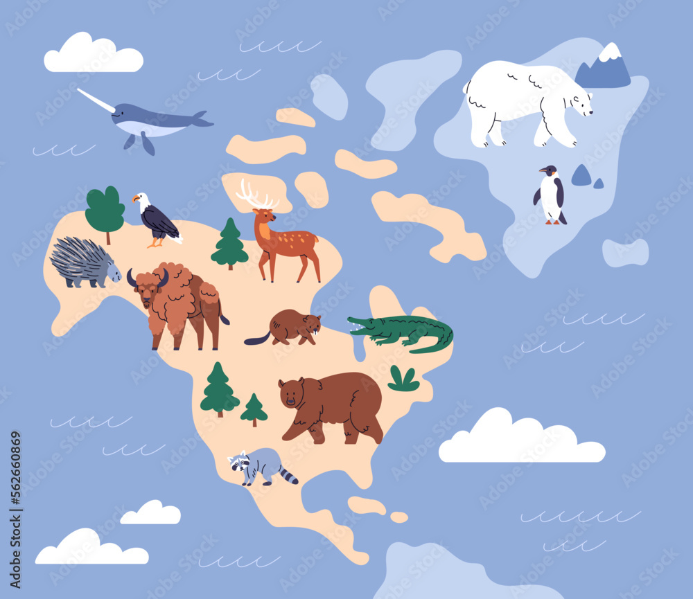 Animals of North America. Cute wild mammals, fauna on Northern American ...