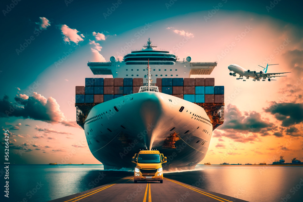 Barco con contenedores y avión Stock Illustration | Adobe Stock