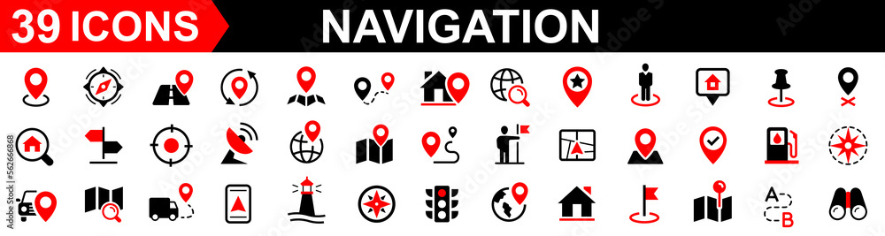 Navigation icon set. Location icons set. GPS elements. Map pin, gps, destination, directions ...