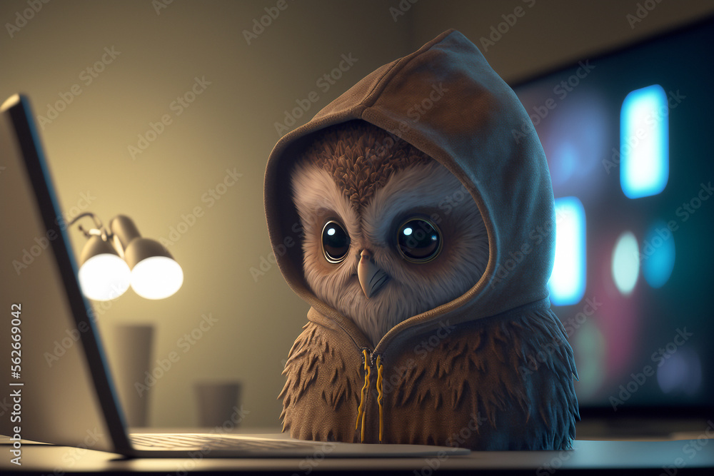 Anthropomorphic tiny cute and adorable baby owl, hacker, wearing a Hoodie, dim light shining on ...