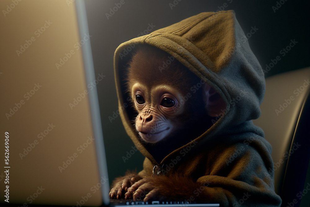 Anthropomorphic tiny cute and adorable baby monkey, hacker, wearing a ...