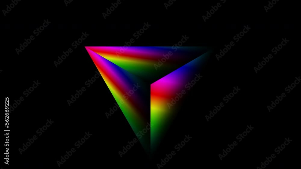 Triangle prism with light refracted rotates clockwise on black ...