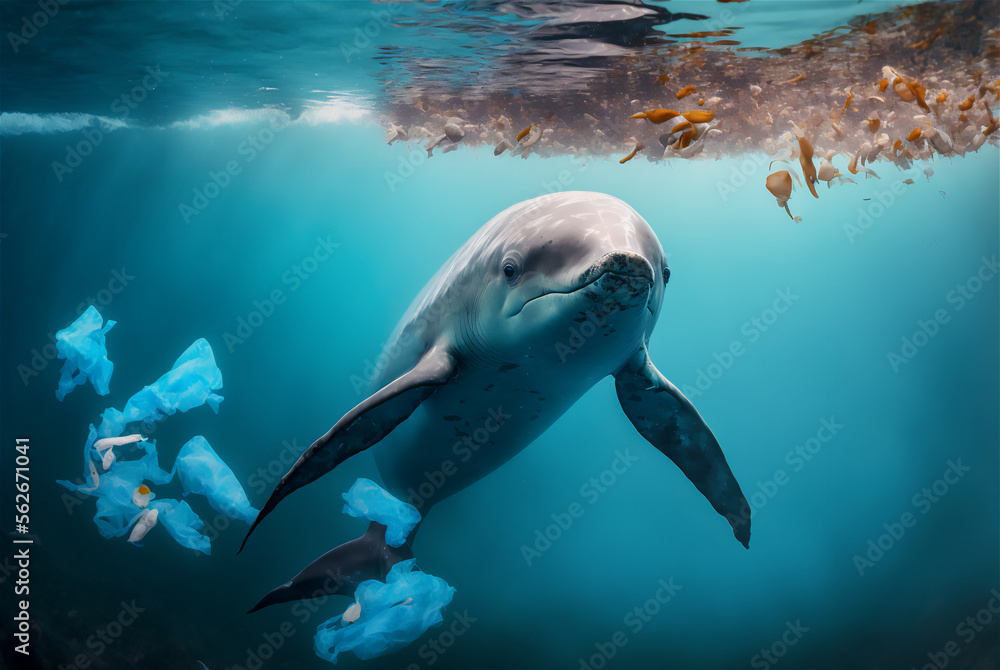 Dolphin with a plastic bag. Ocean plastic pollution concept. Generative ...