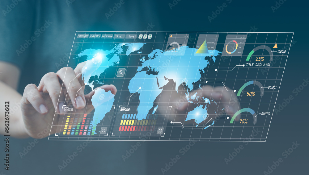Futuristic data virtual screen and hologram world map. Business finance data analytics report ...