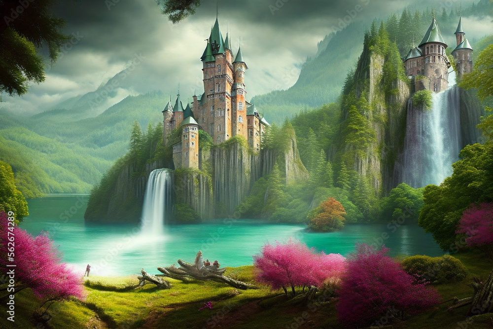 A medieval European-style castle nestled in a forest with large ...