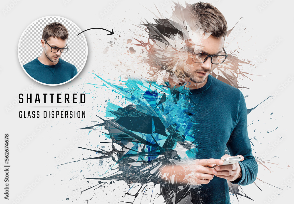 Broken Glass Explosion Dispersion Photo Effect Mockup Stock Template ...