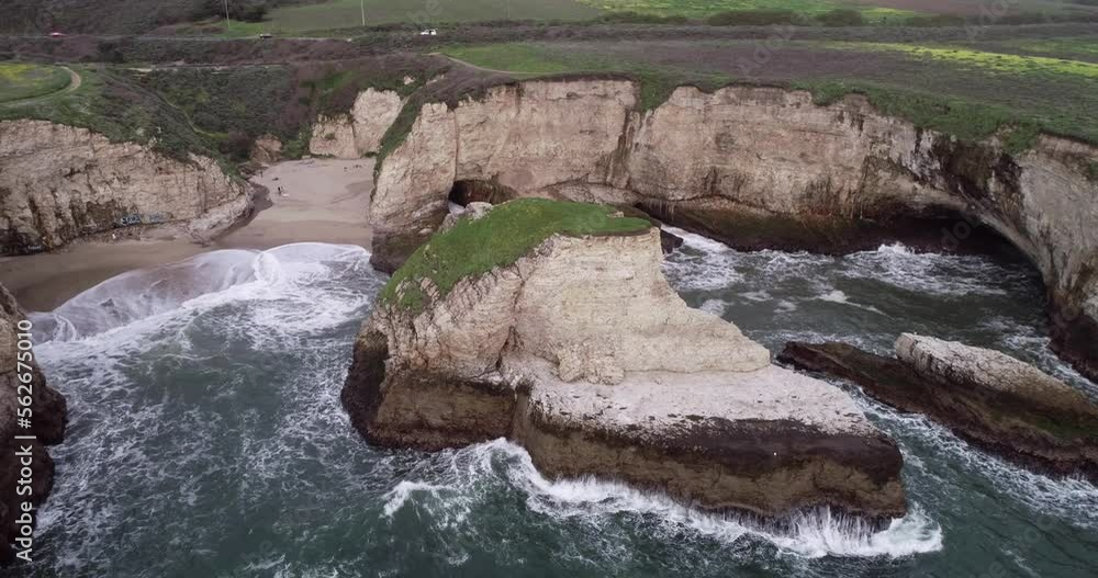 Shark Fin Cove Beach with a Towering rock and Sea Cave. California ...