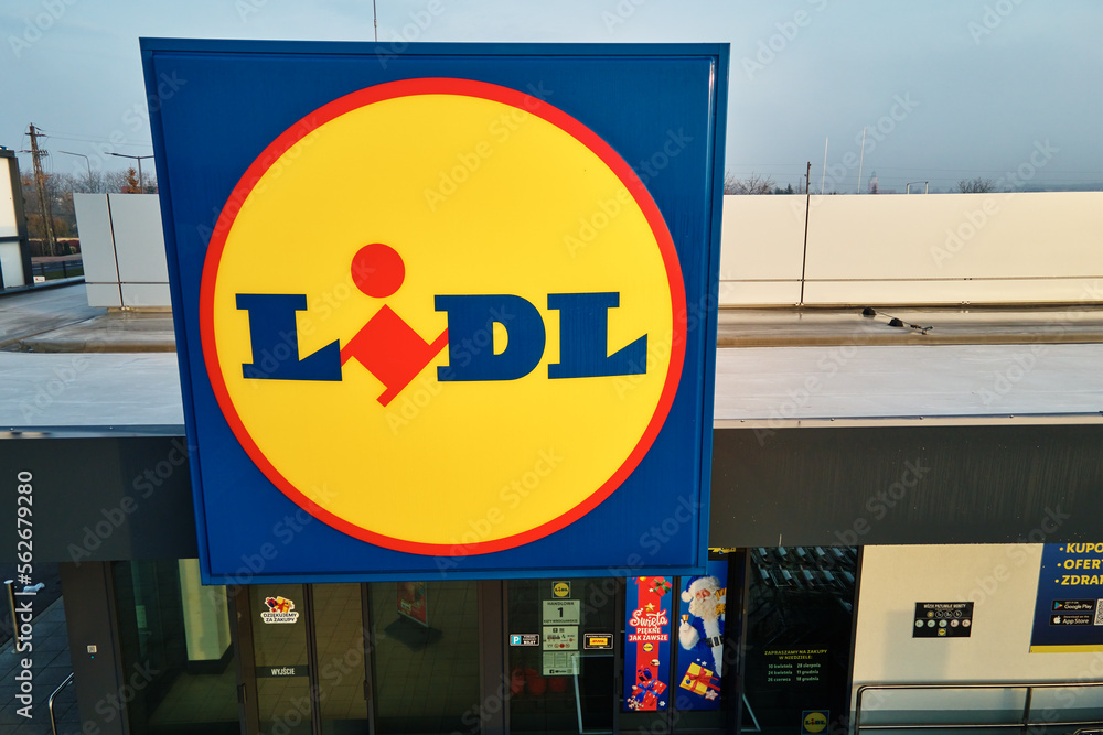 Lidl supermarket facade, aerial view. German global discount ...