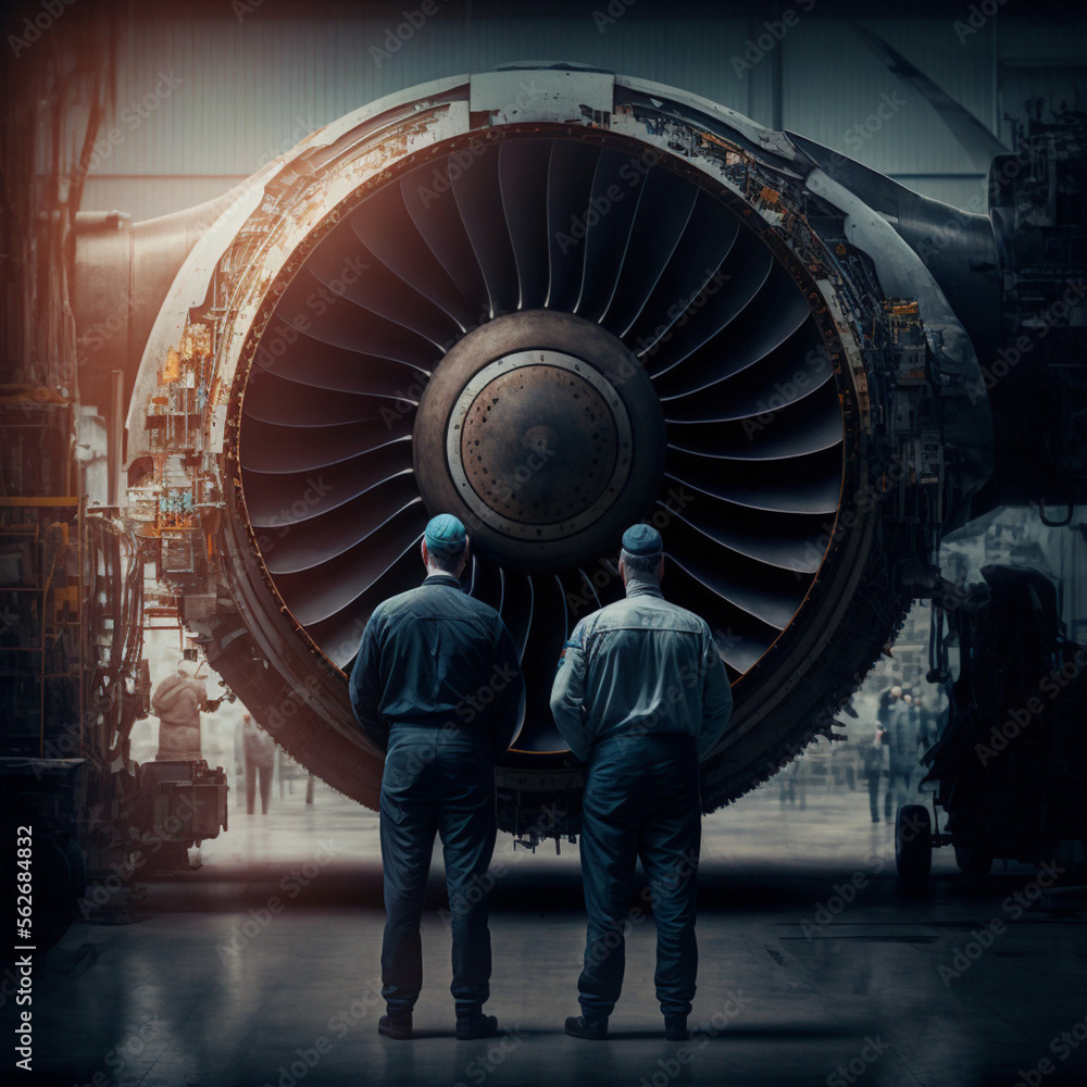 Aeronautical engineers in a hangar and a jetliner. Generative AI. Stock ...