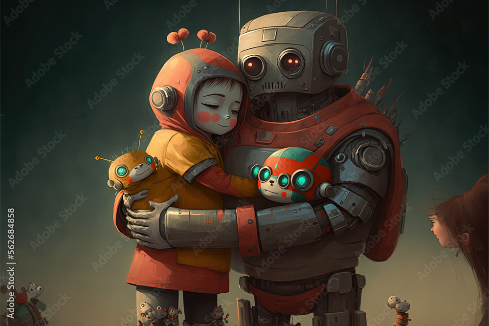 Happy robot family parents and children hugging. Created with ...