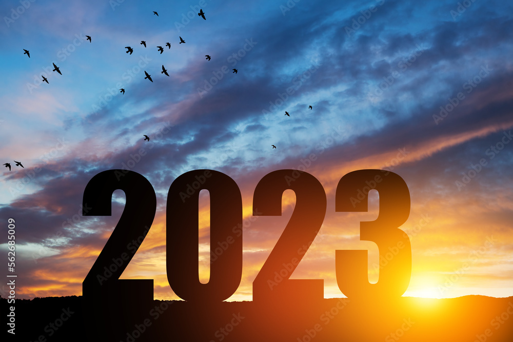 Silhouette 2023 with sunset sky at mountain and number like 2023 ...