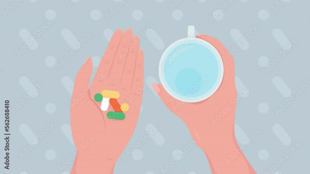 Animated nurse giving medication. Holding pills and glass of water ...