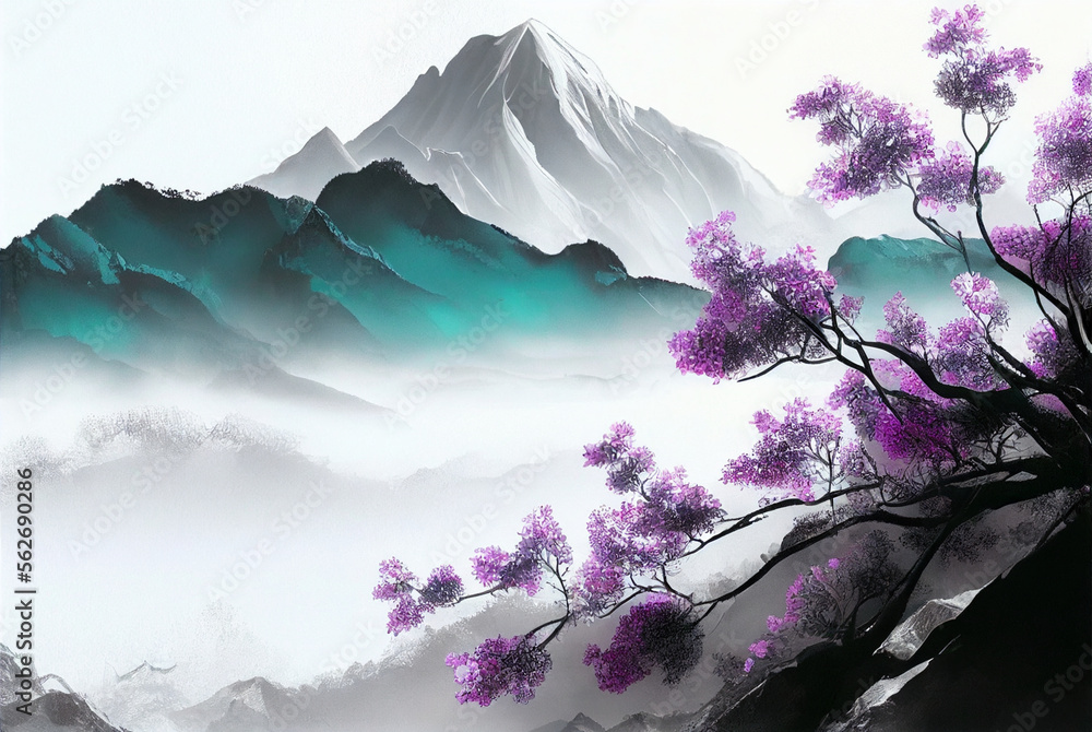 Beautiful Japanese art, red flowers in foreground, heavy mist around ...