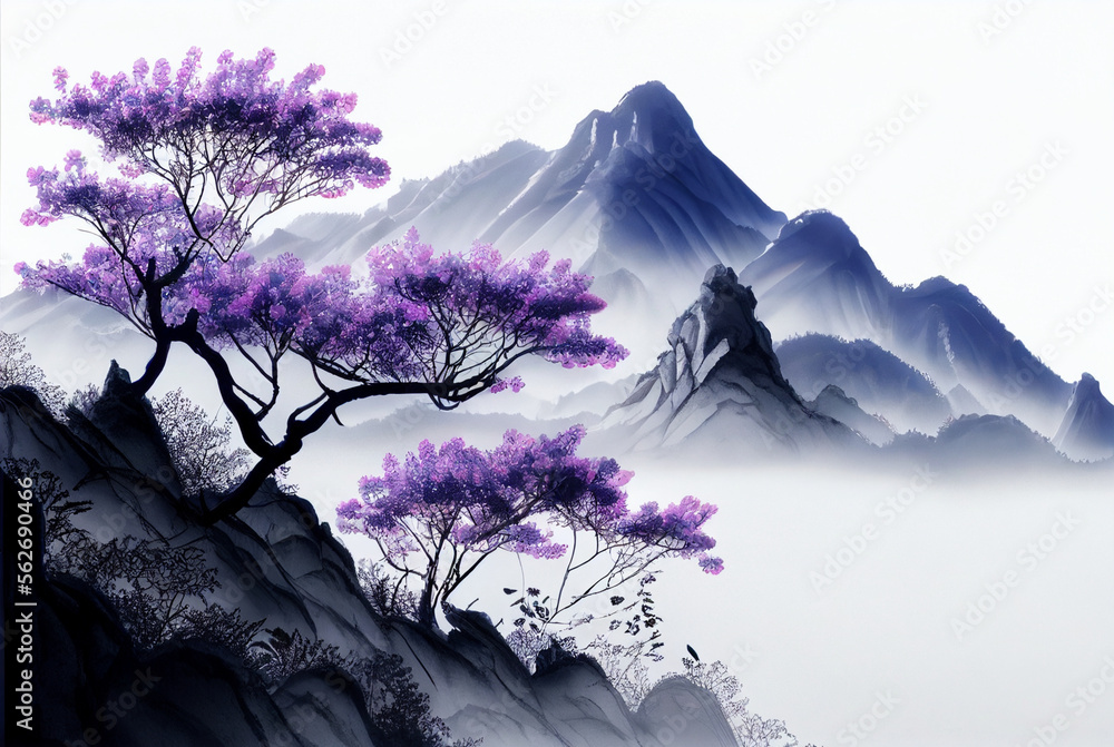 Beautiful Japanese art, red flowers in foreground, heavy mist around ...