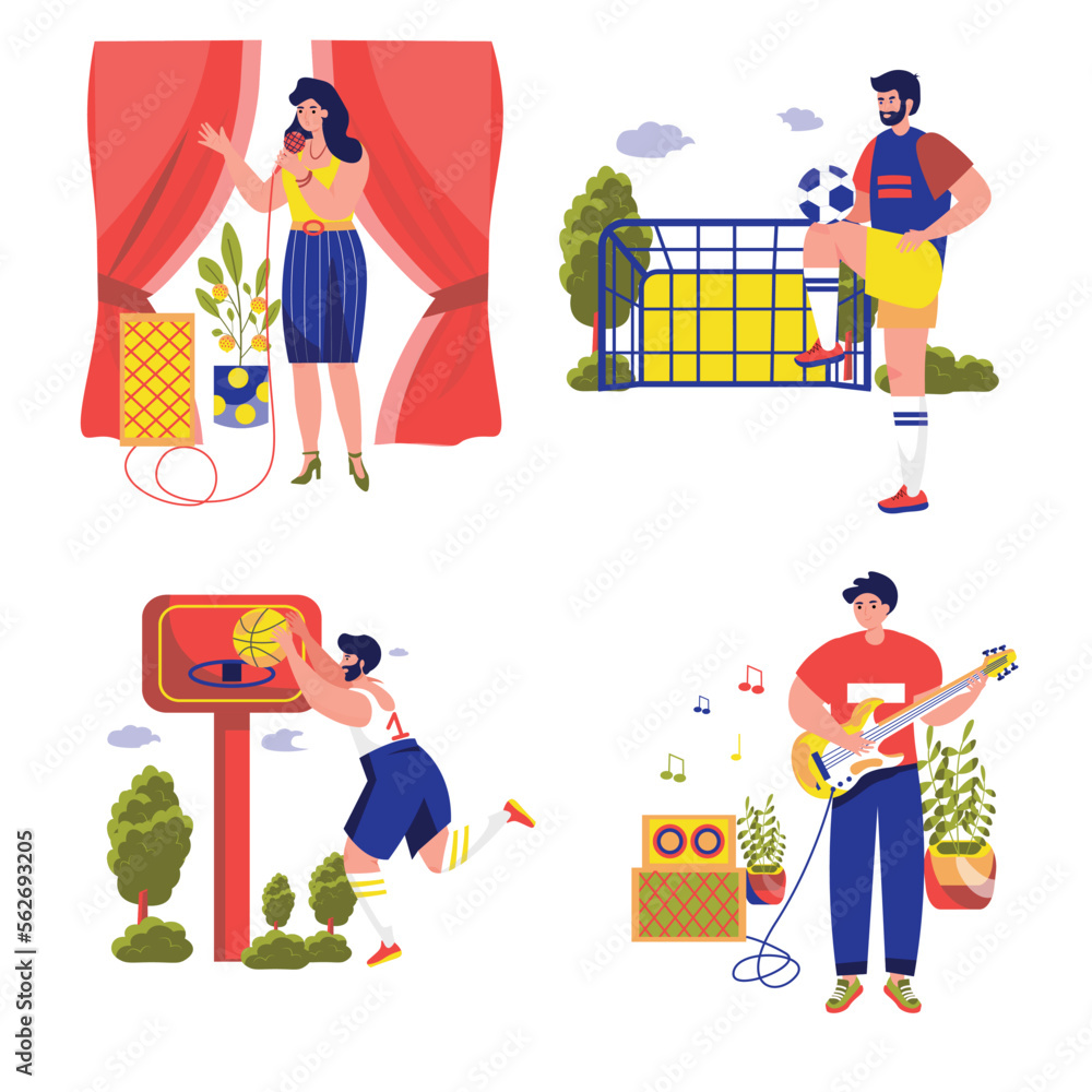 People do their favorite hobby set concept with people scene in the ...