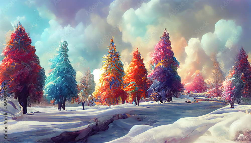 Magical winter landscape scene with colorful trees Stock Illustration ...