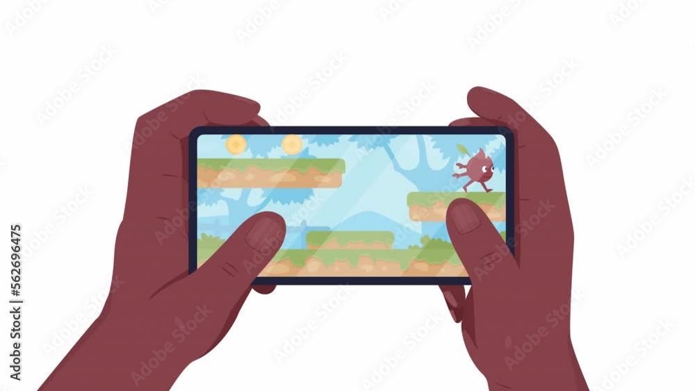 Animated playing game on smartphone. Picking gold coins with cute ...