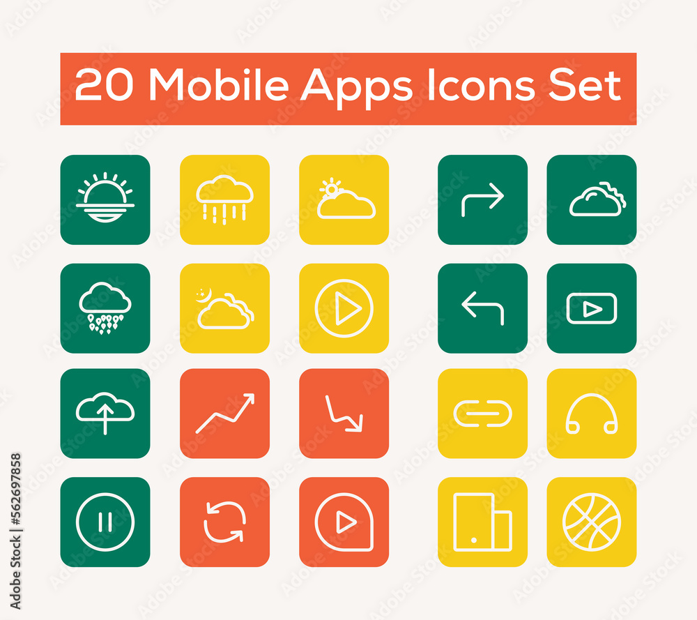 20 Essential Mobile Apps Icon Set, Weather Icon Set, Play Button ...