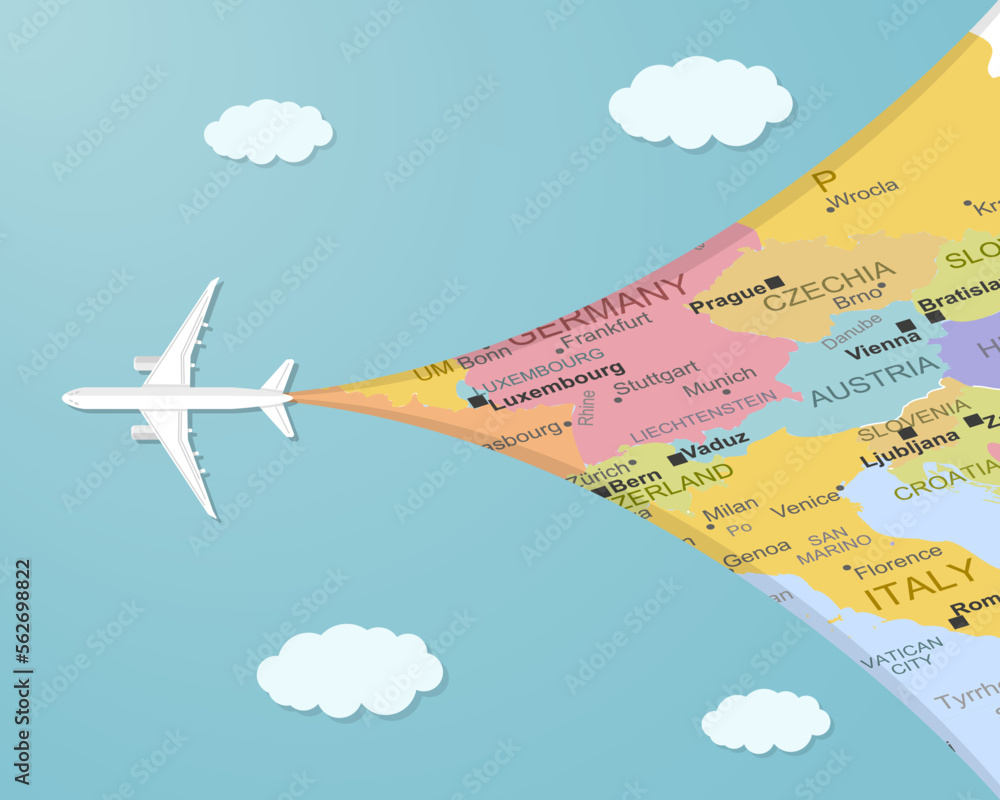 Plane and paper cut on Europe map vector banner, travel and tourism ...