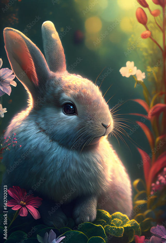 Cute Bunny rabbit sitting amongst flowers in a dreamy garden at Easter ...