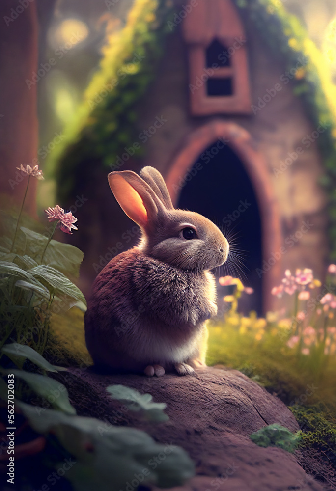 Cute Bunny rabbit sitting amongst flowers in a dreamy garden at Easter ...