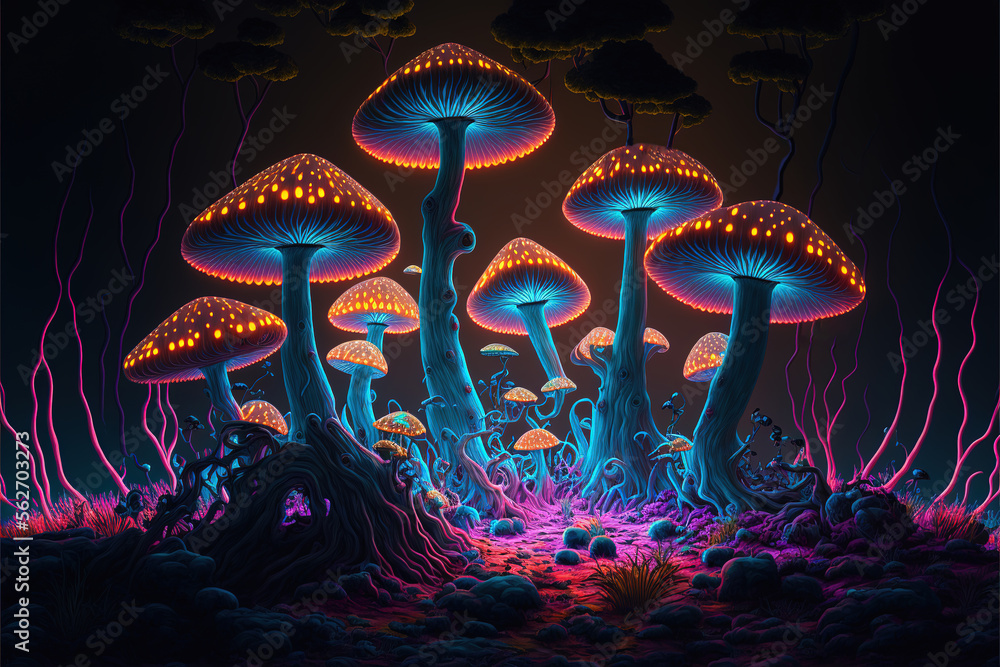 alien forest, dark fantasy, neon lights, art illustration Stock ...