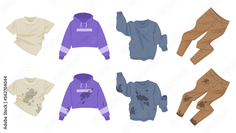Cartoon dirty and clean clothes. Laundry apparel, wrinkled stained ...