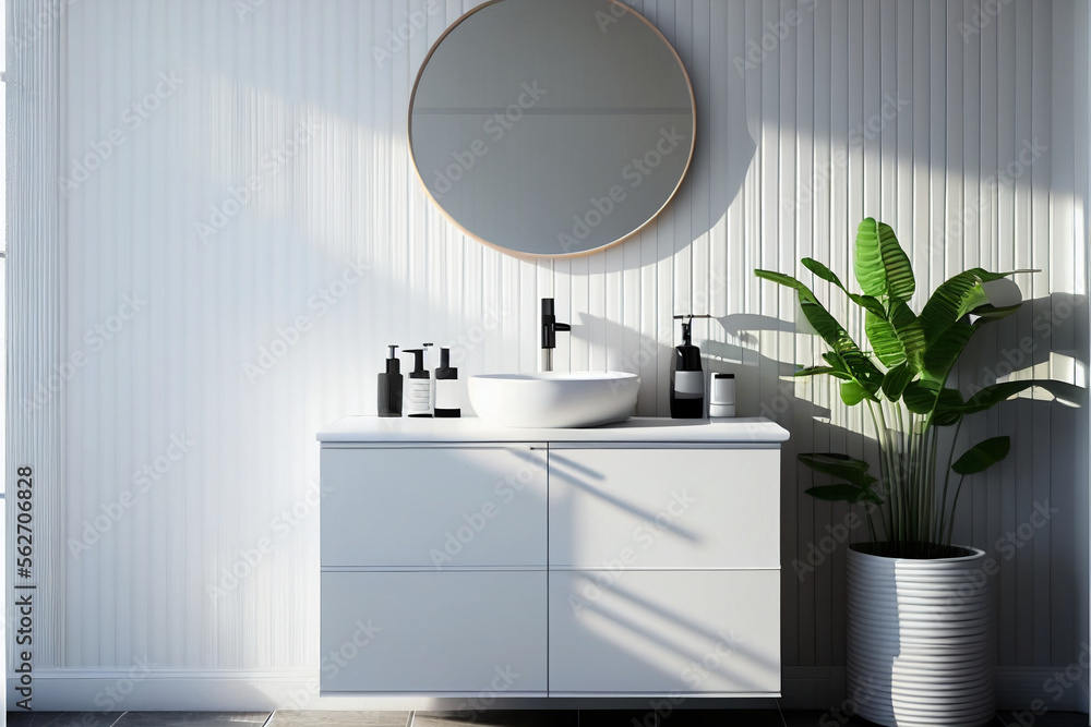 3D render an empty white vanity counter with ceramic washbasin and ...