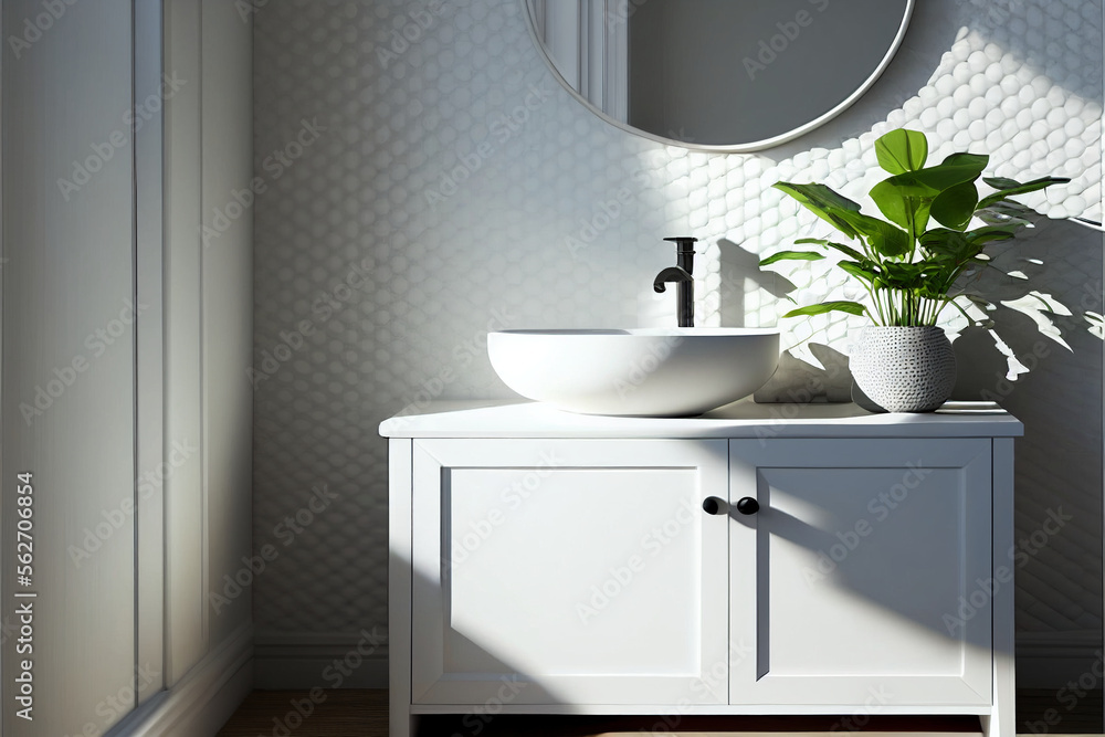 3D render an empty white vanity counter with ceramic washbasin and ...