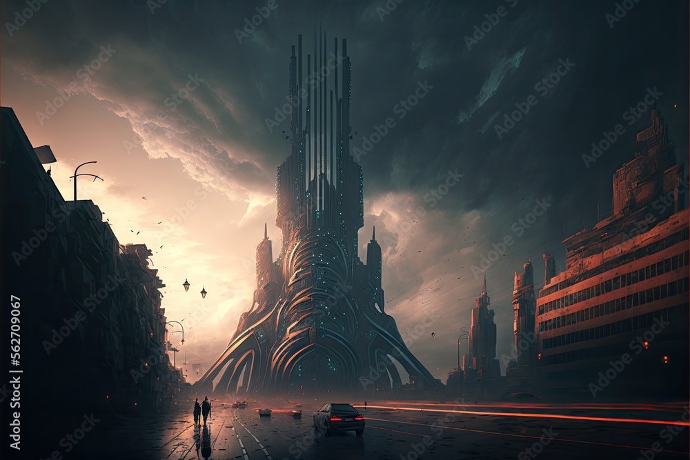 standing in the streets of an alien city, megatower structure, concept ...