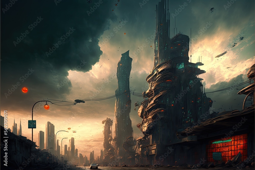 ภาพประกอบสต็อก strange alien megacity with a big tower, concept art, ai ...