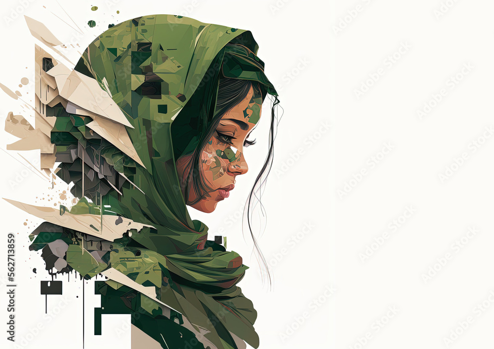 Afghan woman in profile, wearing burka, green scarf, sad about war ...