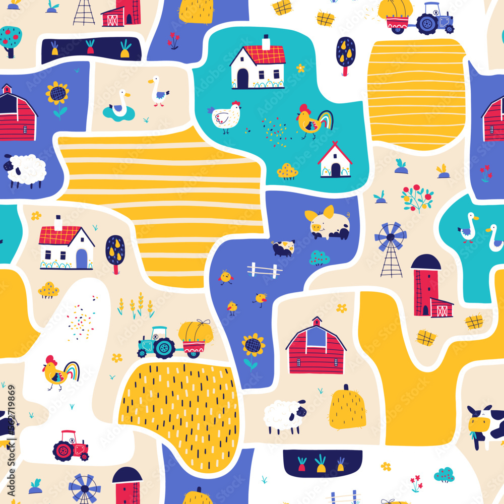 Farm map seamless pattern. Vector hand-drawn road with funny characters ...