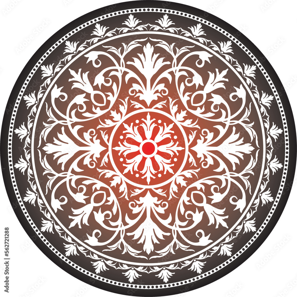 Vector classic colored round ornament. Red pattern in a circle. Drawing ...