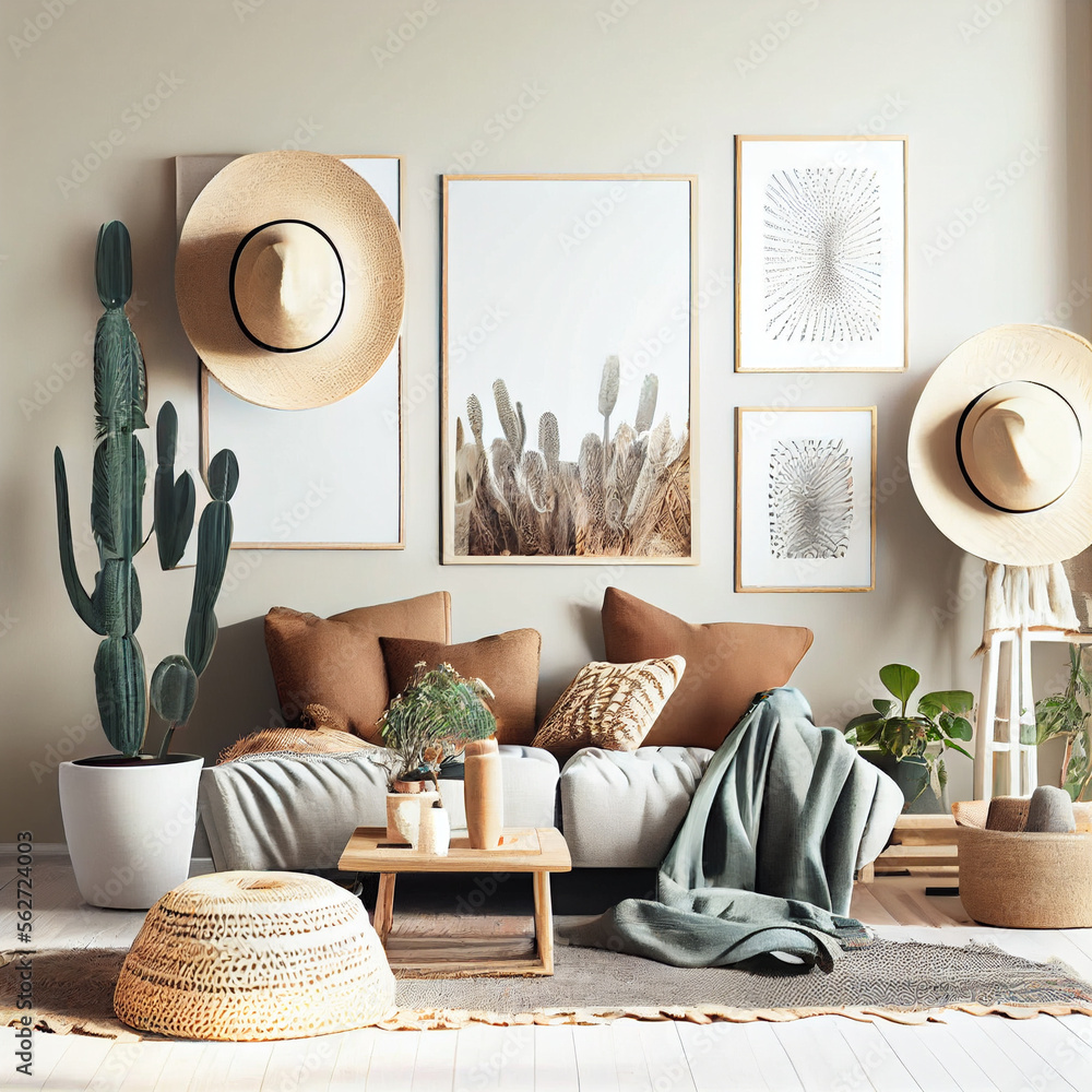 Stylish and modern boho interior of living room with mock up photo ...