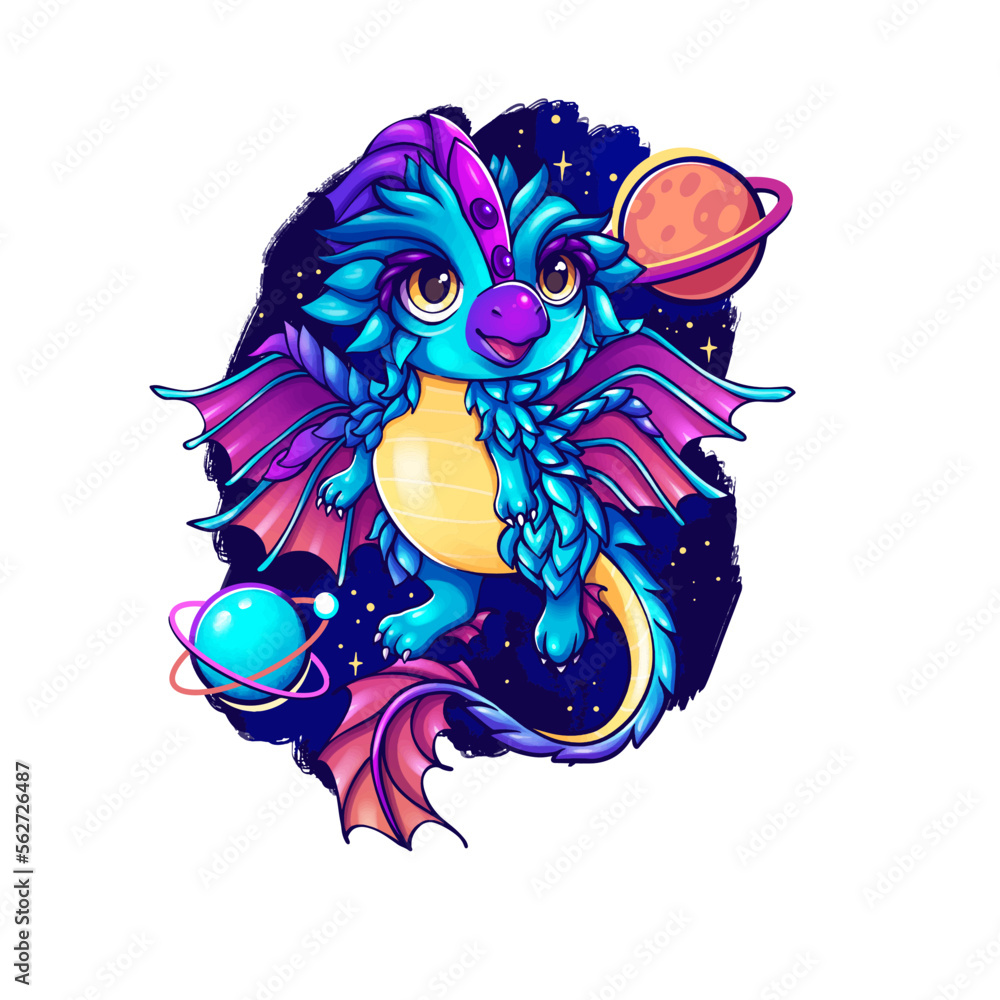 Little dragon with space and planets background. Vector hand drawn ...