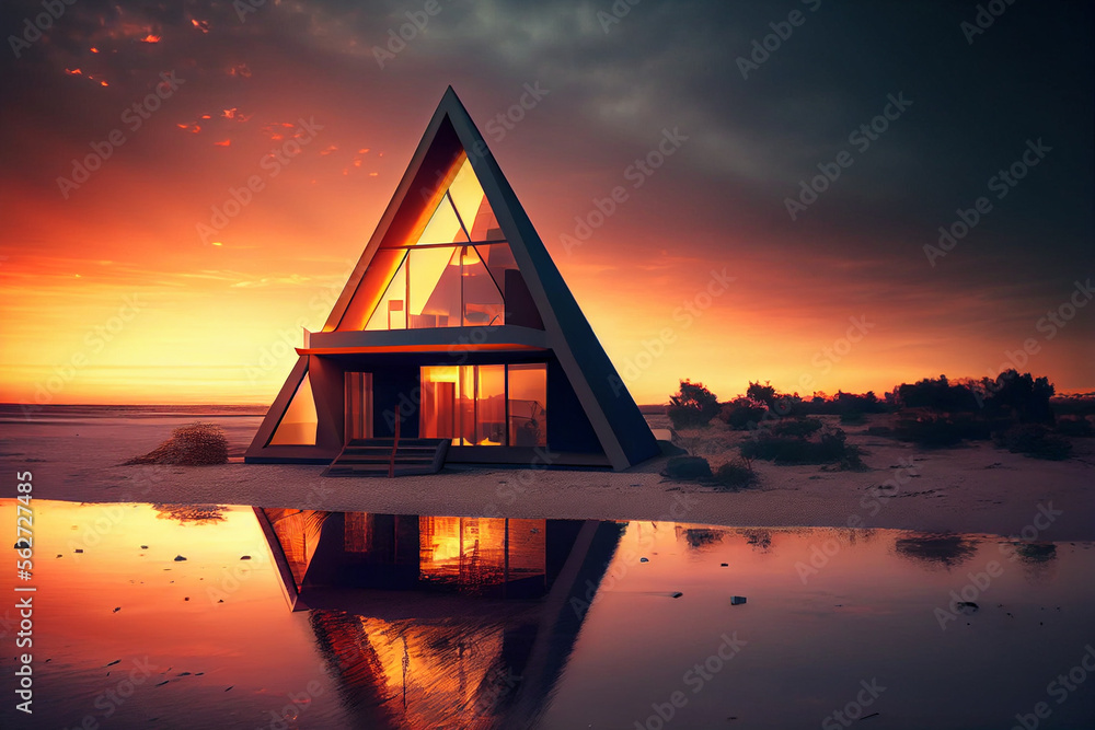 Contemporary triangle shape house on beach at sunset. Modern House with ...