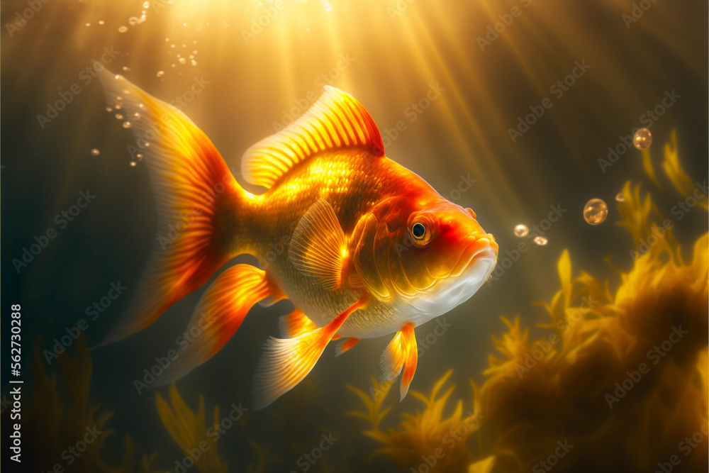 Gold fish underwater with sun rays illuminating the sea depths. Ai ...