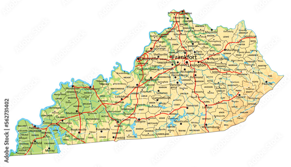 High detailed Kentucky physical map with labeling. Stock Vector | Adobe ...