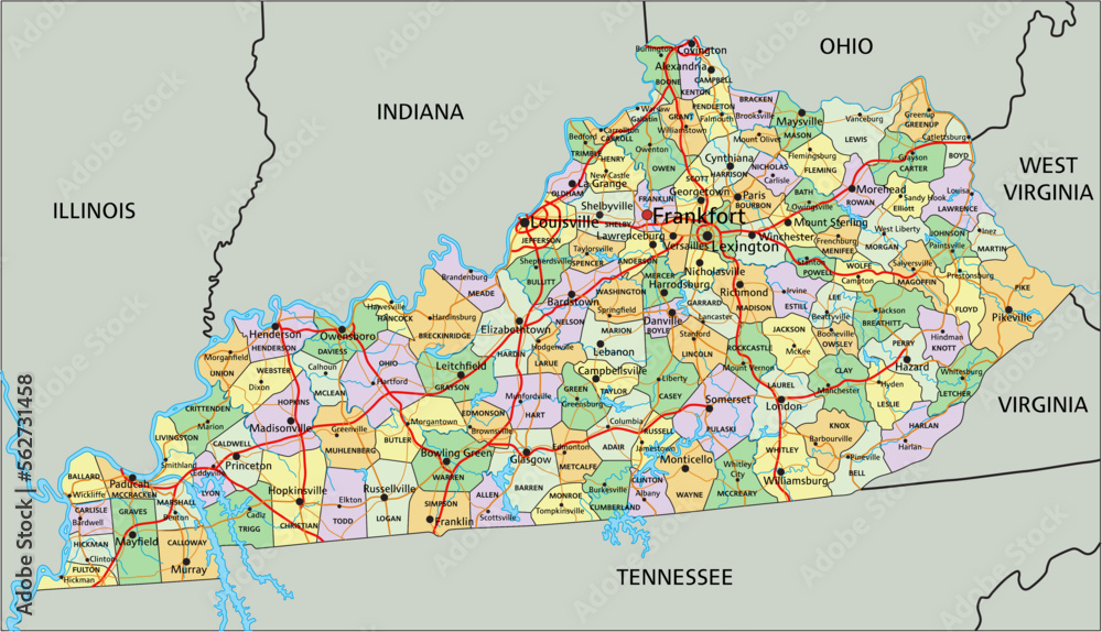 Kentucky - Highly detailed editable political map. Stock Vector | Adobe ...
