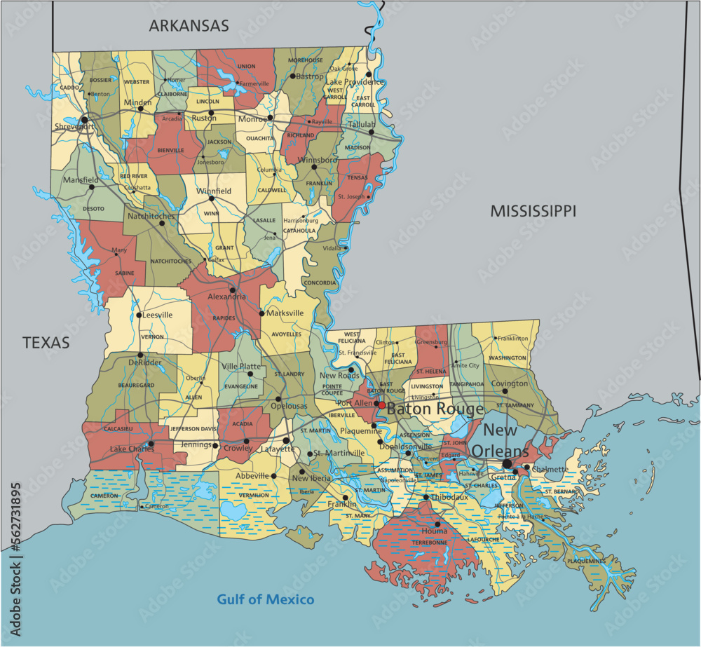 Louisiana - Highly detailed editable political map with labeling. Stock ...