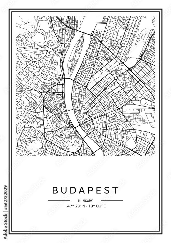 Black and white printable Budapest city map, poster design, vector ...