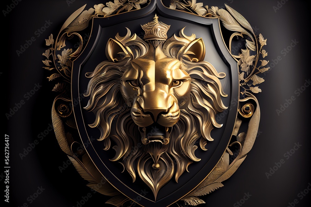 A decorative shield featuring a lion head with gold accents on a black ...