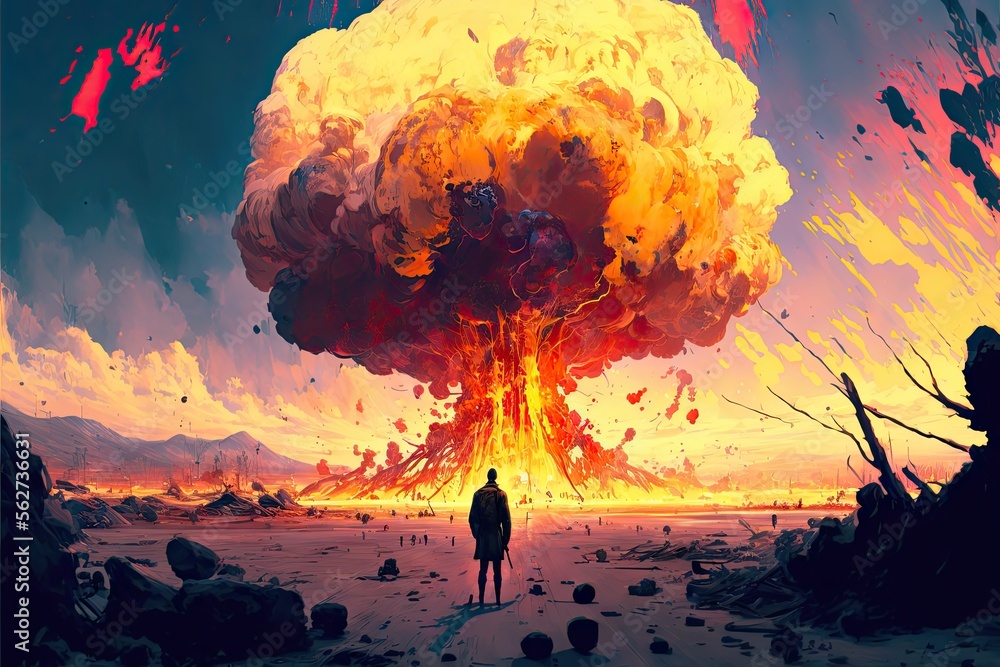 Young man standing in a destroyed world, nuclear explosion with fire ...