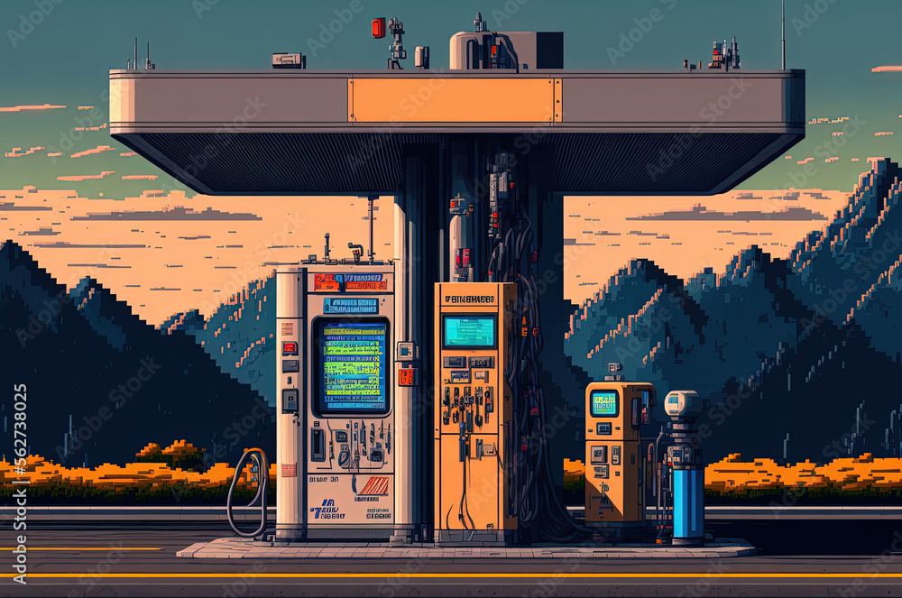 Pixel art gas station on the road, background in retro style for 8 bit ...
