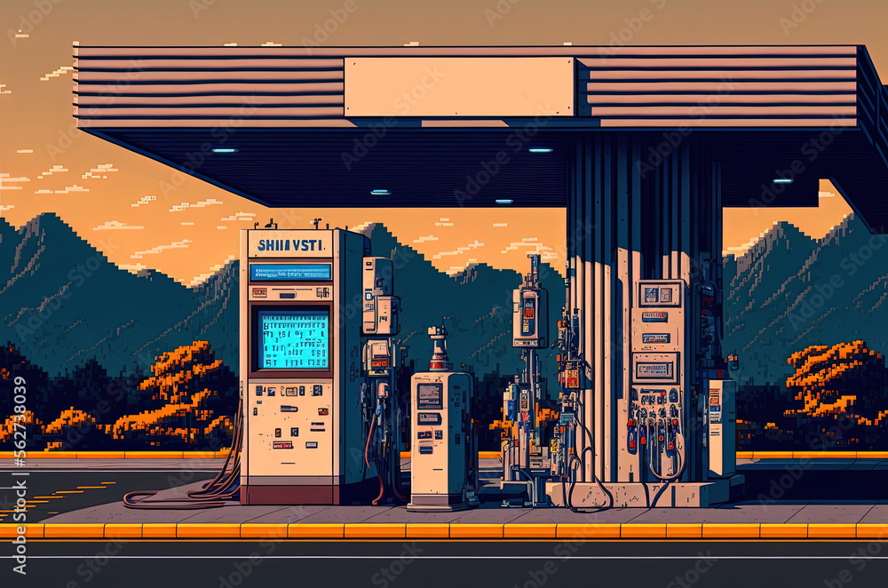 Pixel art gas station on the road, background in retro style for 8 bit ...