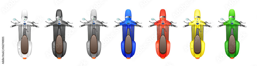 Scooter top view. Colorful set of vector illustrations of different ...