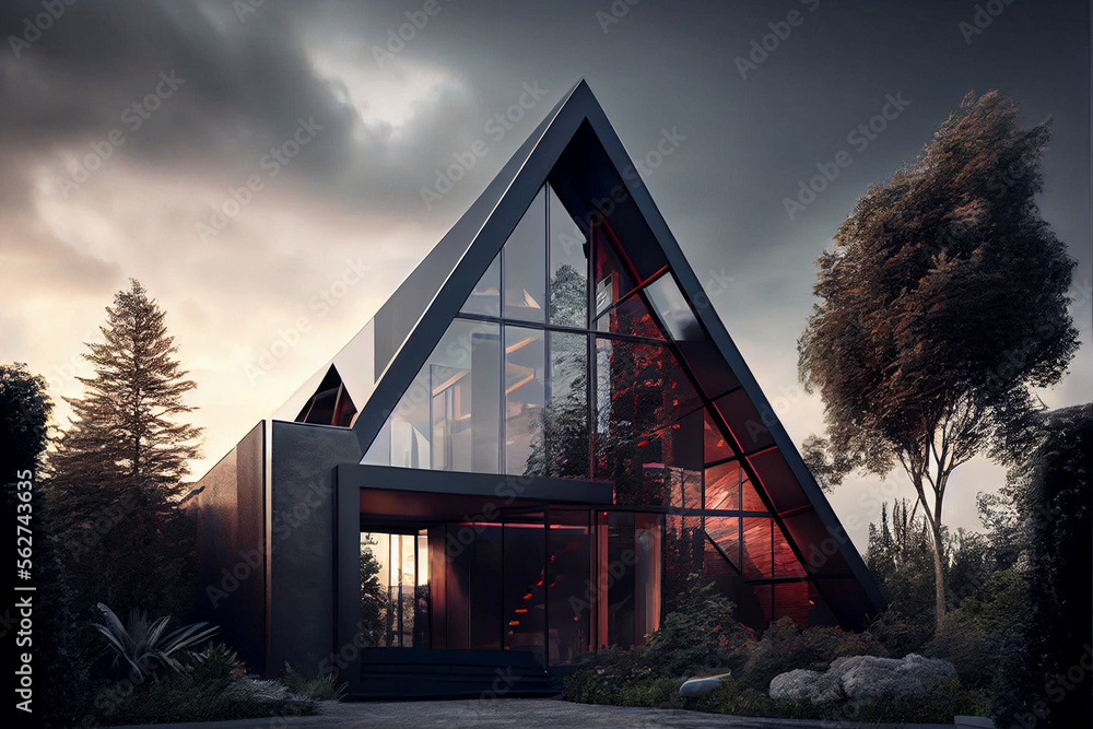 Contemporary house triangle shape in forest at sunset. Contemporary ...