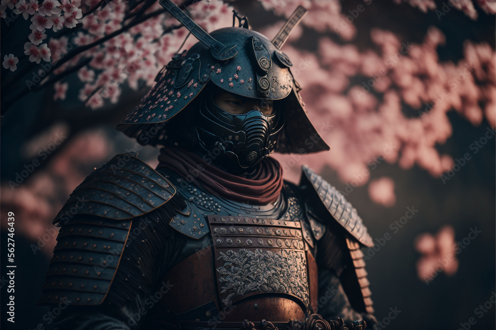 Samurai portrait, sakura background, Japanese medieval warrior in armor ...