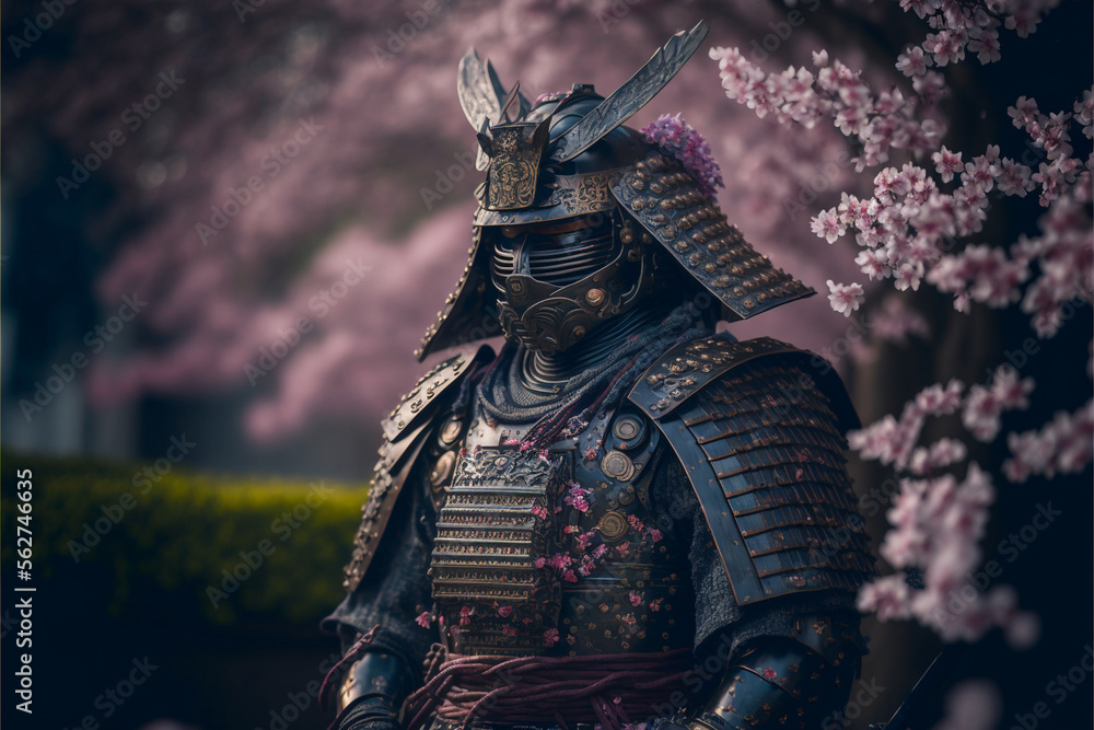 Samurai portrait, sakura background, Japanese medieval warrior in armor ...